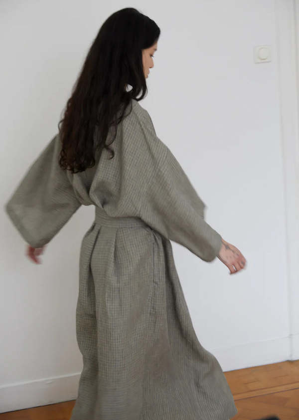 Deiji Studios Linen 02 Full Length Robe - Check | Garmentory