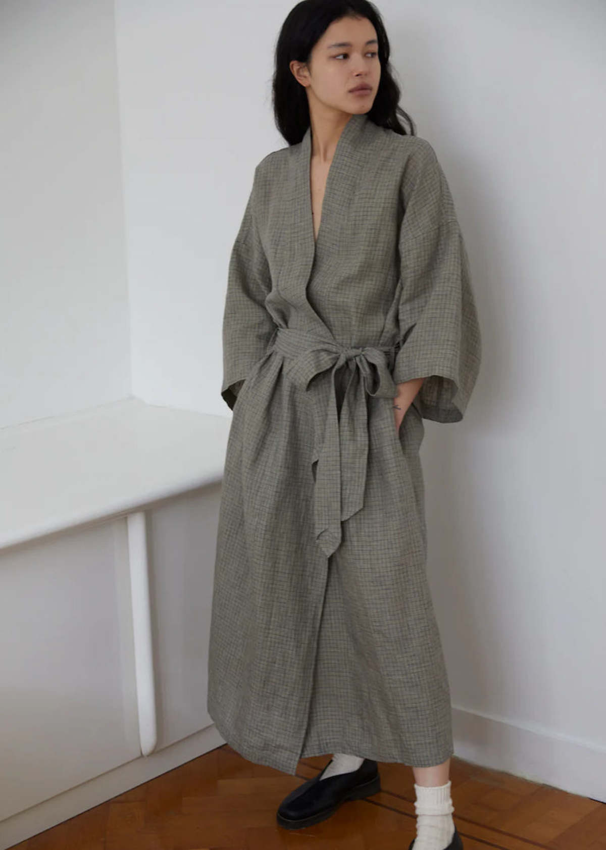 Deiji Studios Linen 02 Full Length Robe - Check | Garmentory