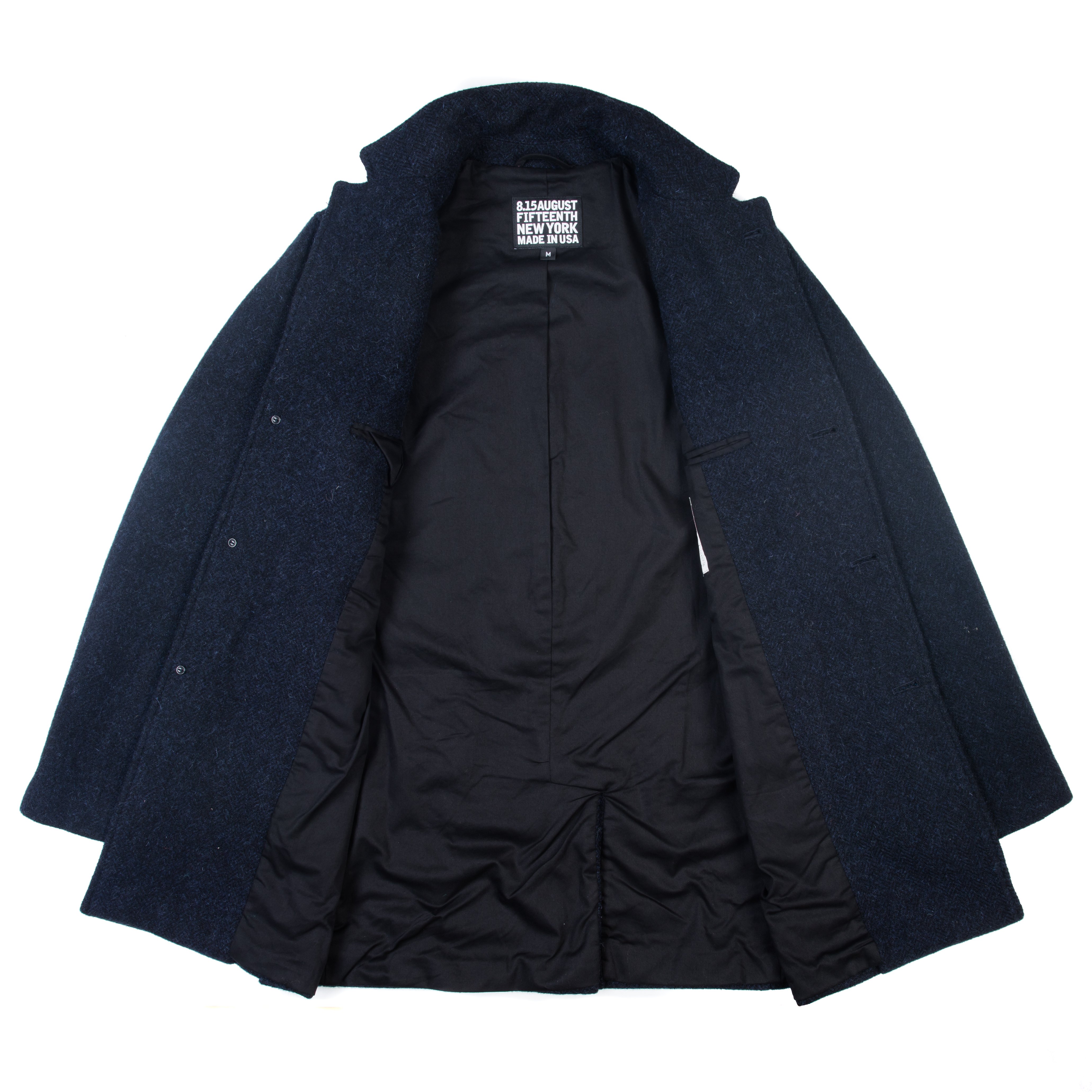 August Fifteenth Topper Coat - Navy Herringbone Harris Tweed | Garmentory