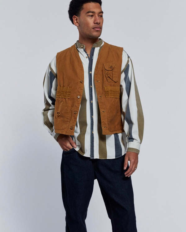 Vintage Collarless Button Up - Stripe | Garmentory