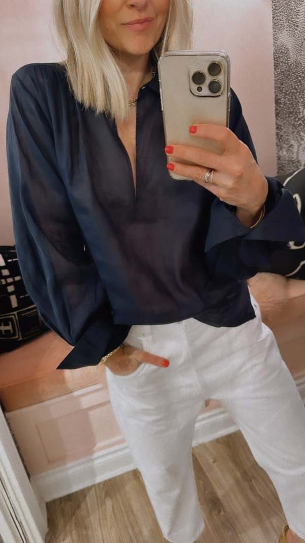 FRAME Denim Keyhole Popover Shirt - Navy Blue | Garmentory