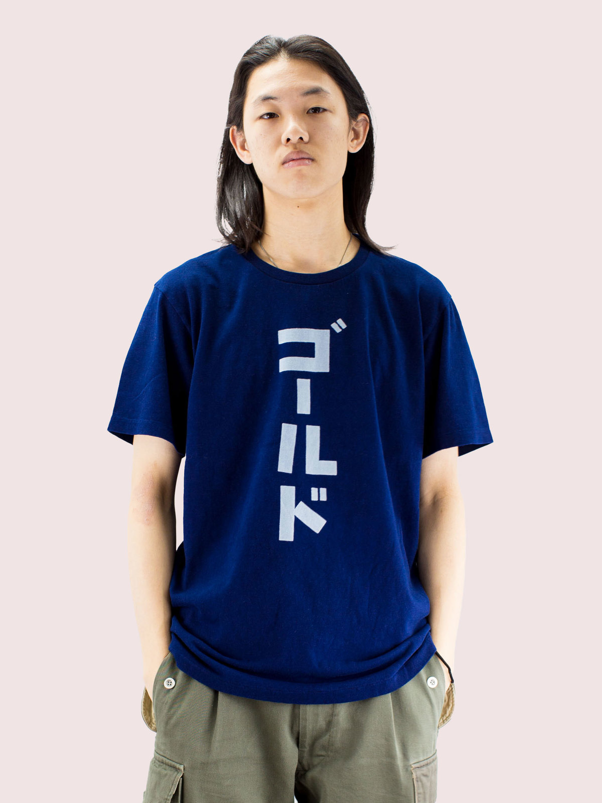 Blue Blue Japan Unisex Knitted dyed Katakana Gold Bassen T-shirt ...