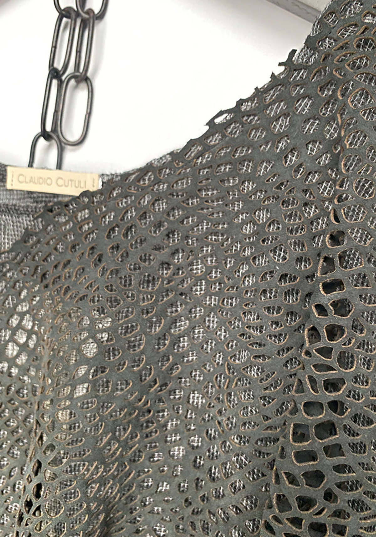 Claudio Cutuli Blaise Sheer Linen Mesh and Laser Cut Leather Top - GREY | Garmentory
