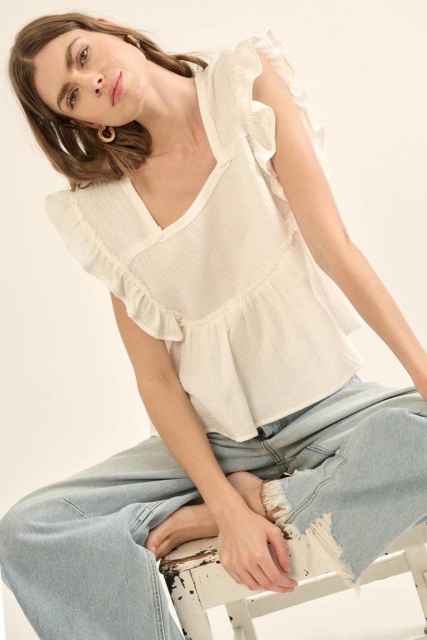 Promesa Usa Solid Square Neck Ruffle Sleeve Blouse Off White Garmentory