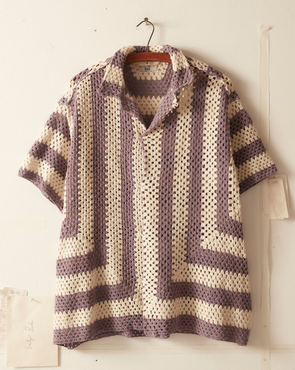 Bode Flagship Crochet Shirt - Lavender/Cream | Garmentory