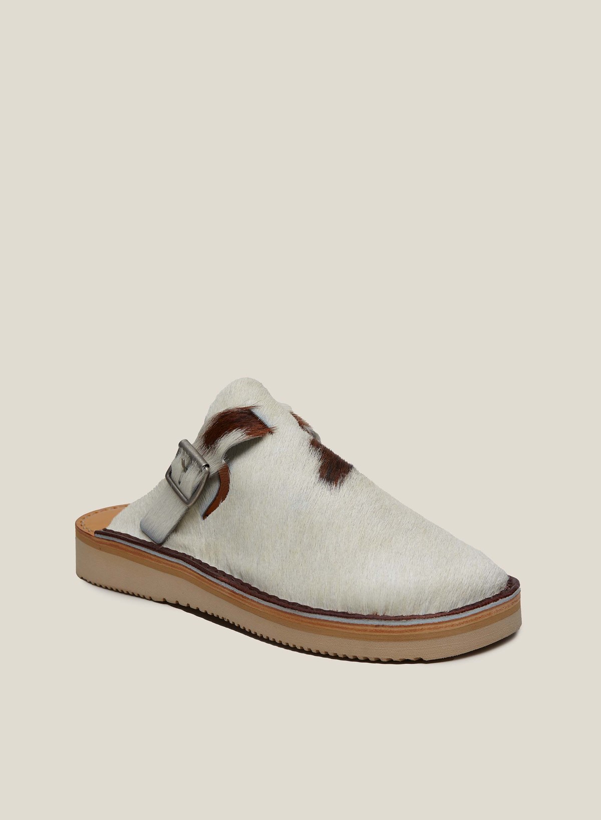 Fracap x YMC Men's Pony Hair Mules Cow Print | Garmentory