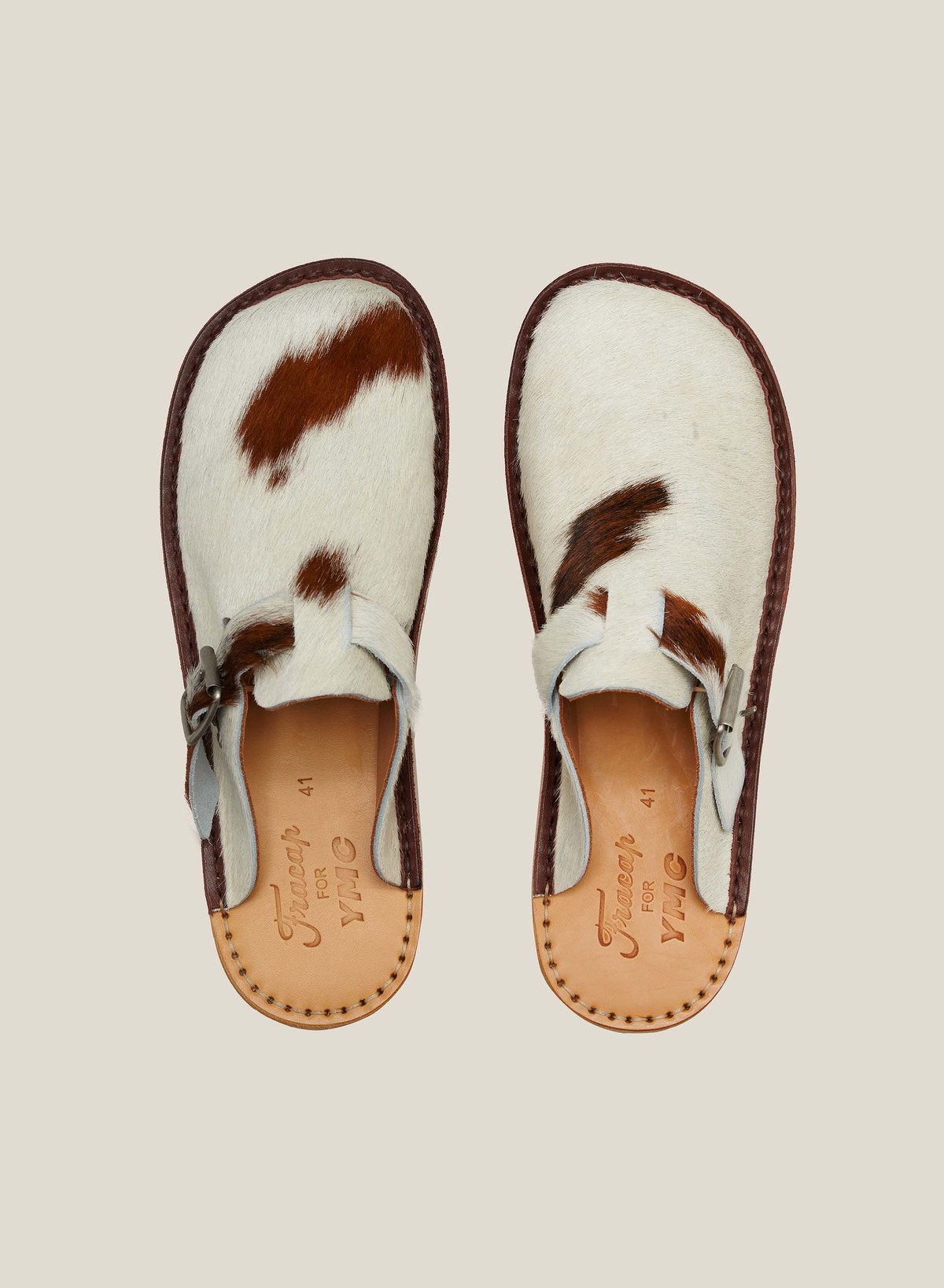 Fracap x YMC Men's Pony Hair Mules Cow Print | Garmentory