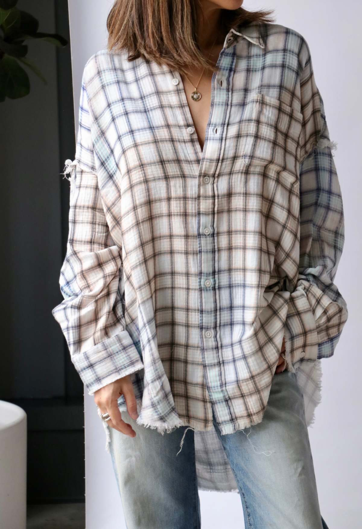 R13 Shredded Seam Drop Neck Shirt | Garmentory