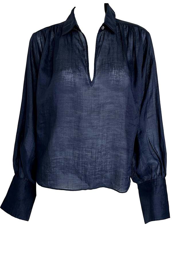 FRAME Denim Keyhole Popover Top - Navy | Garmentory