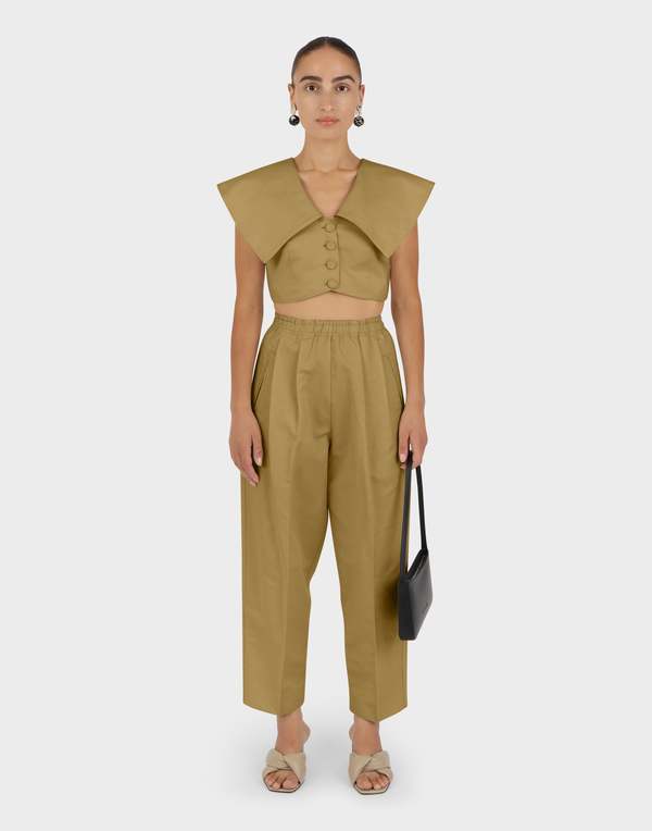 Modern Weaving Crossover Collar Top - Cotton Linen Twill Tan | Garmentory