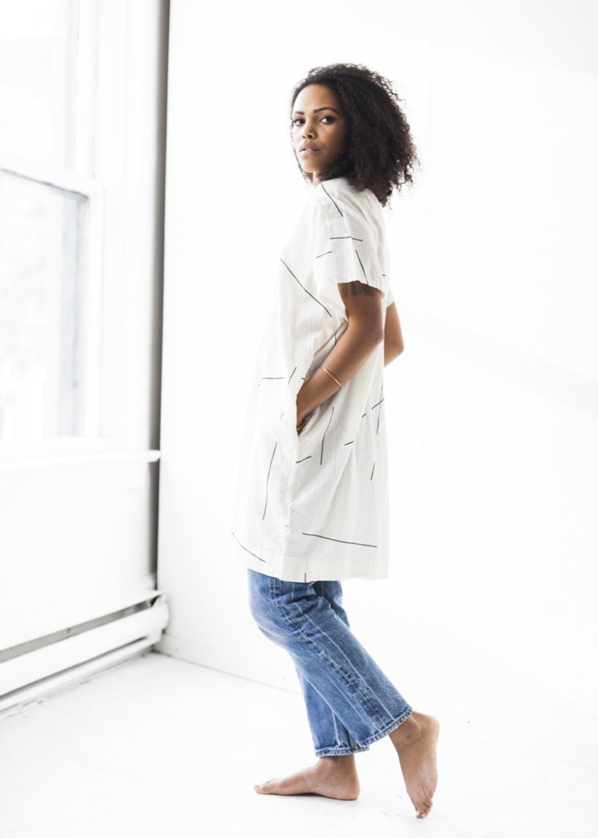 Uzi NYC V-Dress - Cream Beams | Garmentory