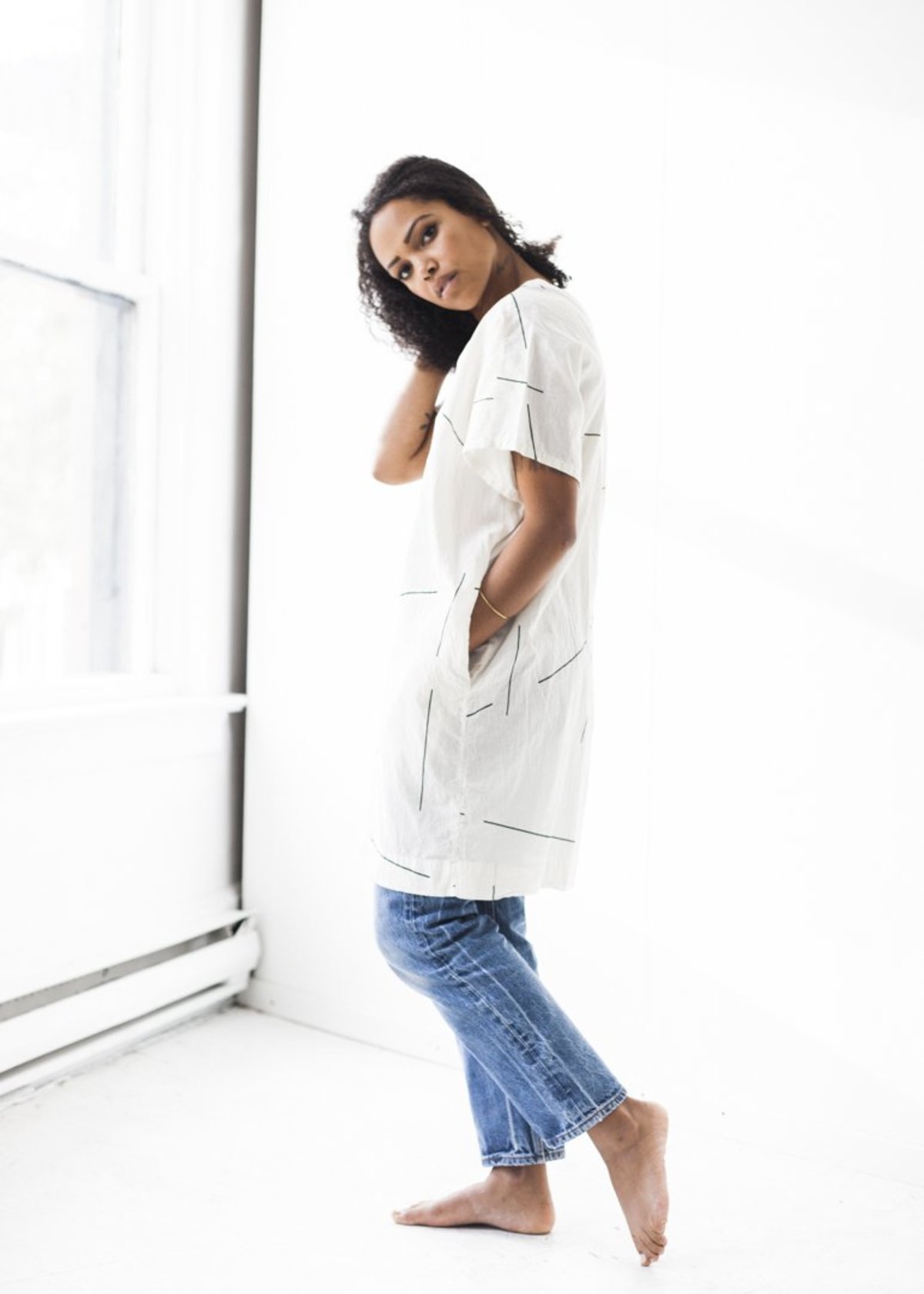 Uzi NYC V-Dress - Cream Beams | Garmentory