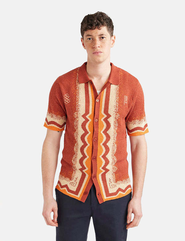 Percival Chinoisery Boucle Short Sleeve Shirt - Rust/Red | Garmentory