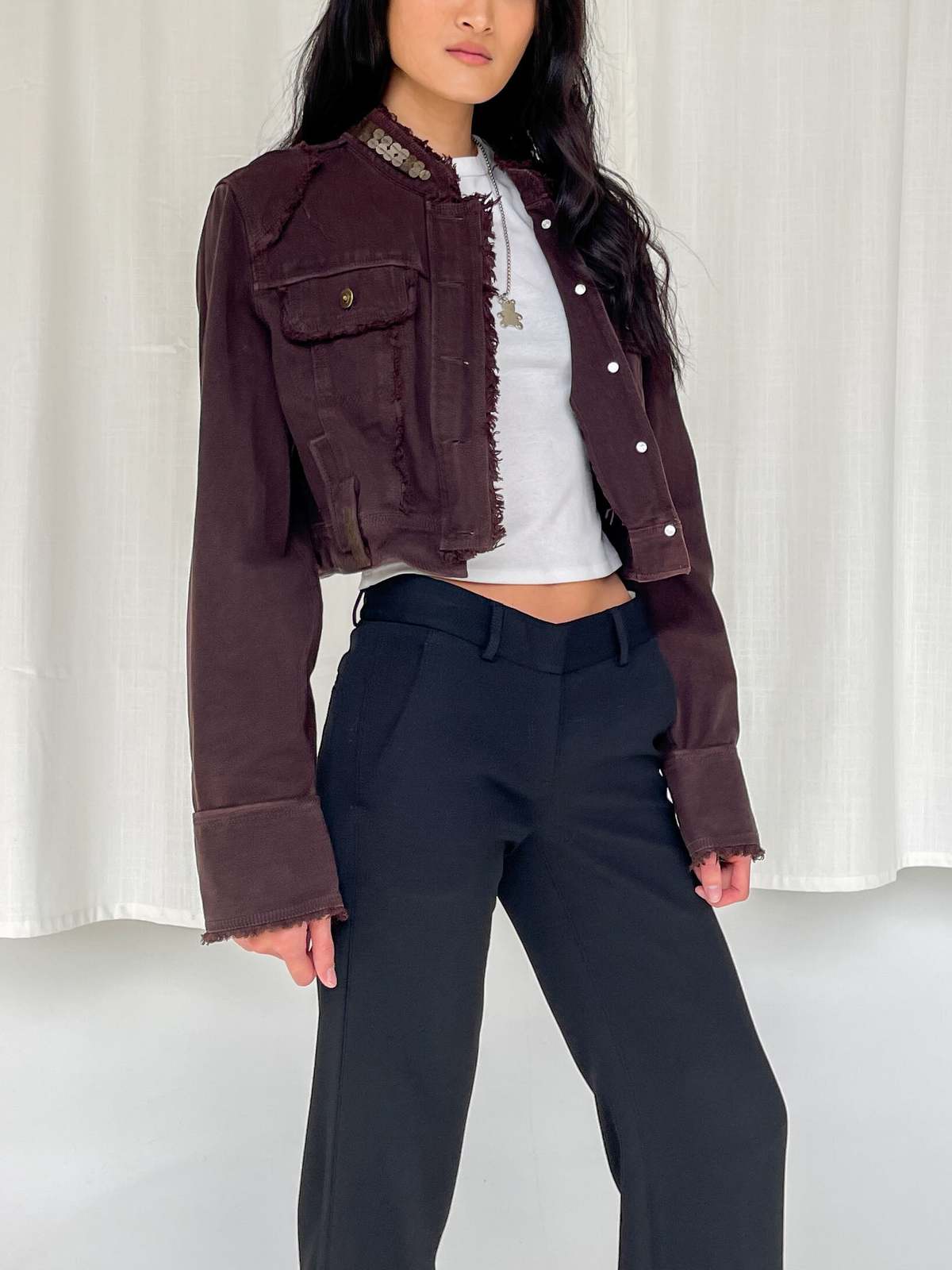 Cropped Sequin Denim Jacket - Brown | Garmentory