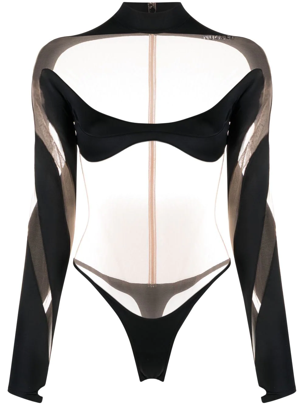 MUGLER WOMEN Front Curved Sheer Cut Out Panel Bodysuit - BLACK/BLACK ...