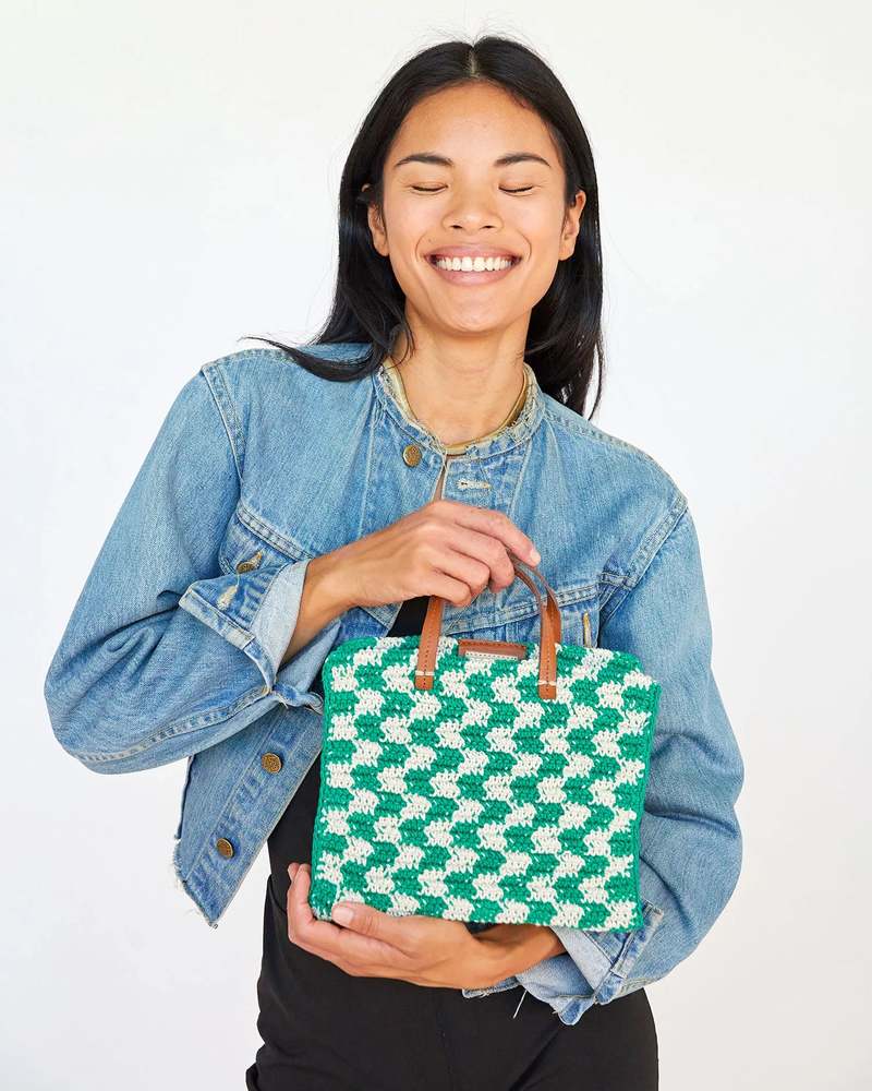 Clare V. Petit Summer Simple Crochet Checker Tote - Sea Green/Cream ...