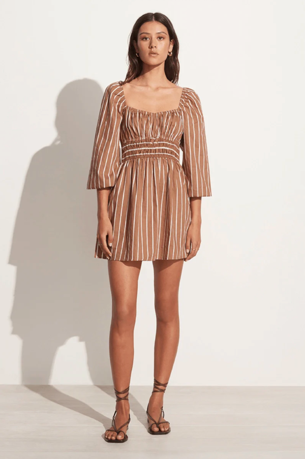 Faithfull The Brand Paloma Mini Dress - Adia Stripe Hazelnut | Garmentory