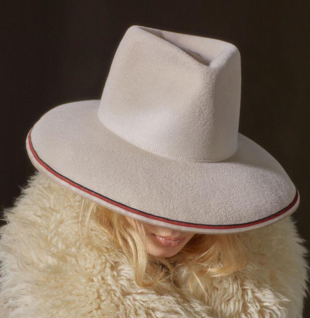 Clyde Wide Brim Pinch Hat in Alabaster with Tri Color Trim | Garmentory