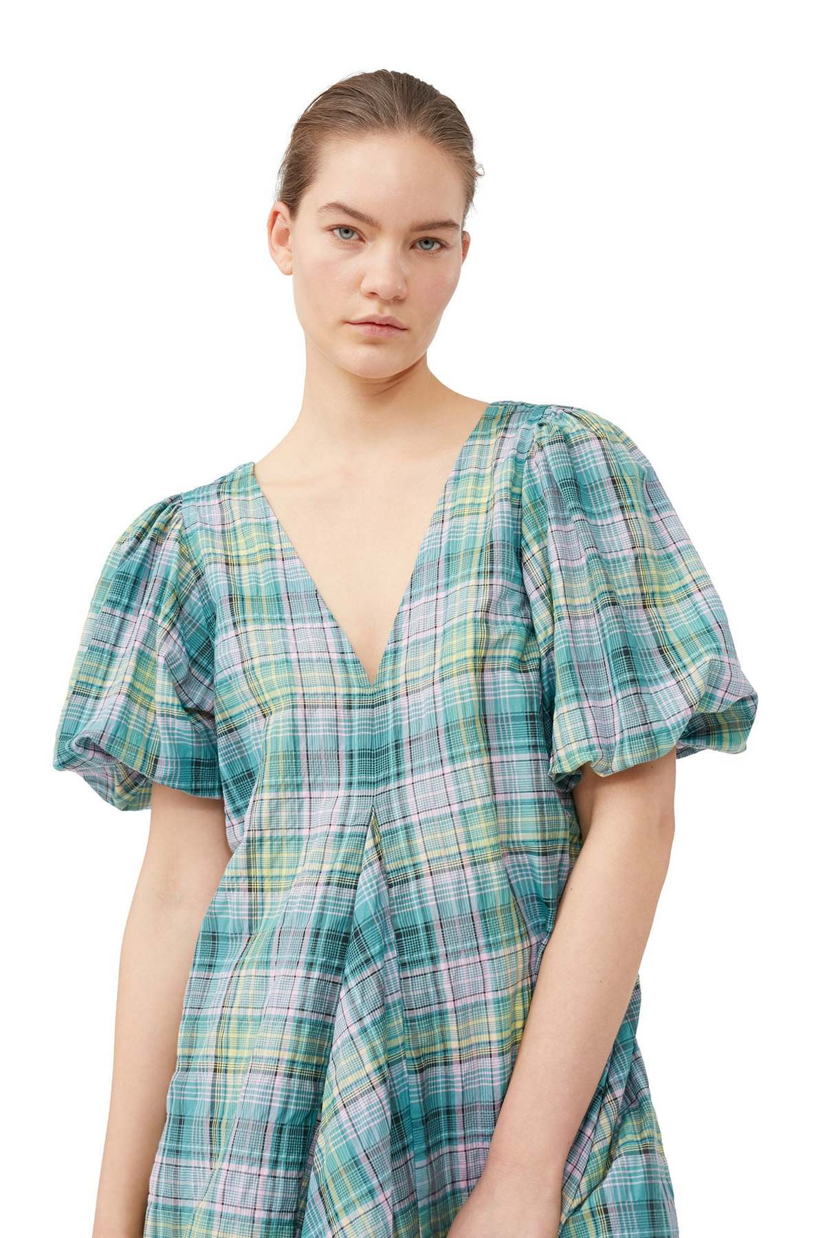 Ganni Seersucker Check V-Neck Mini Dress - Lagoon | Garmentory
