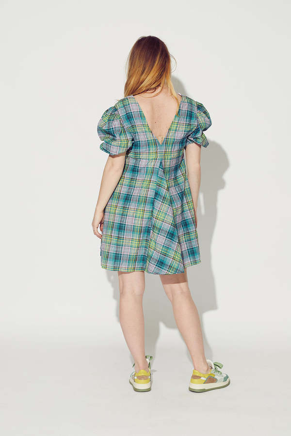 Ganni Seersucker Check V-Neck Mini Dress - Lagoon | Garmentory
