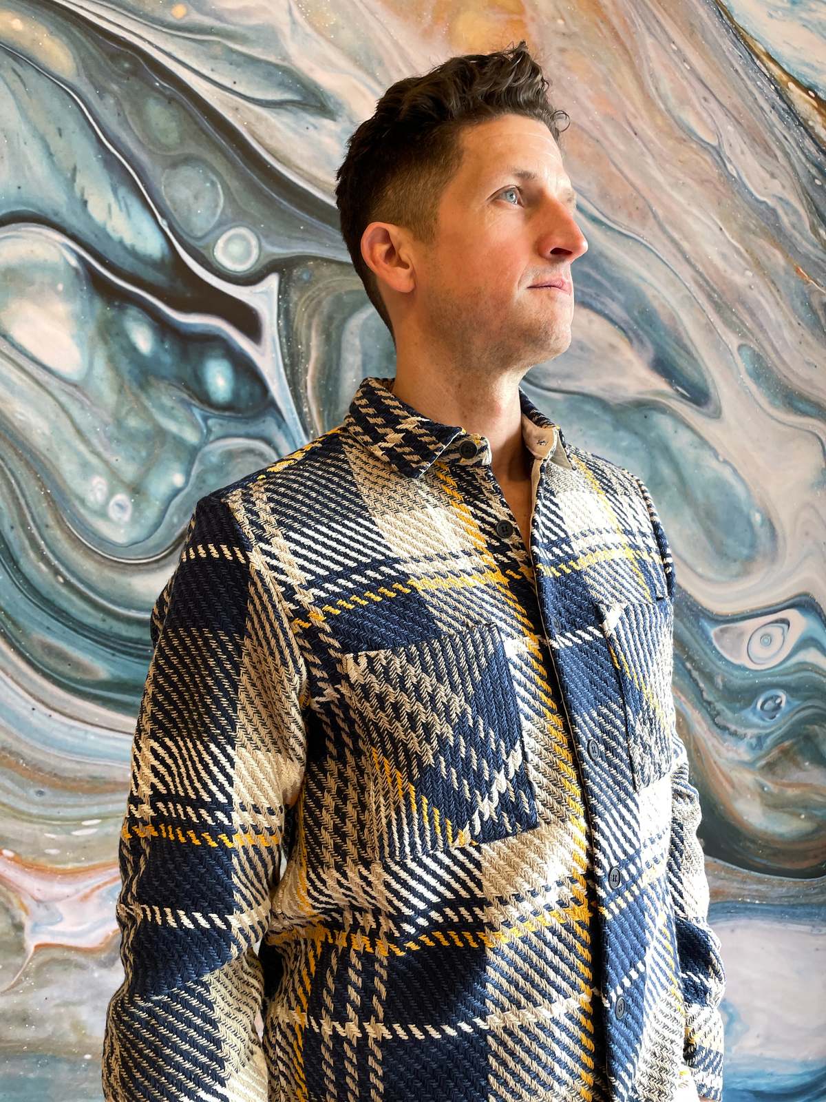 Wax London Mens Whiting Overshirt - Navy/Yellow Spear Check | Garmentory