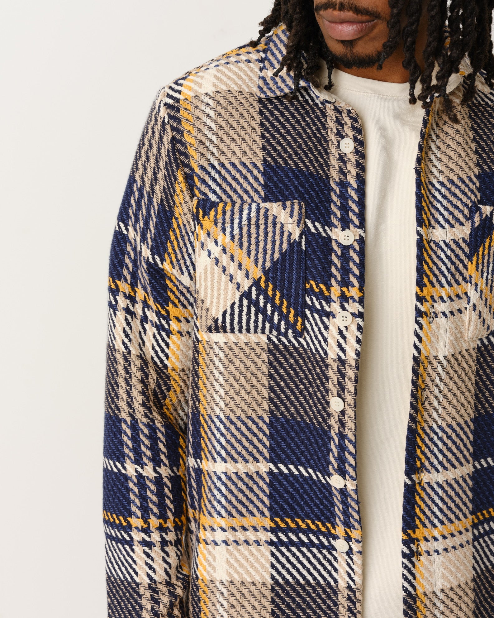 Wax London Mens Whiting Overshirt - Navy/Yellow Spear Check | Garmentory