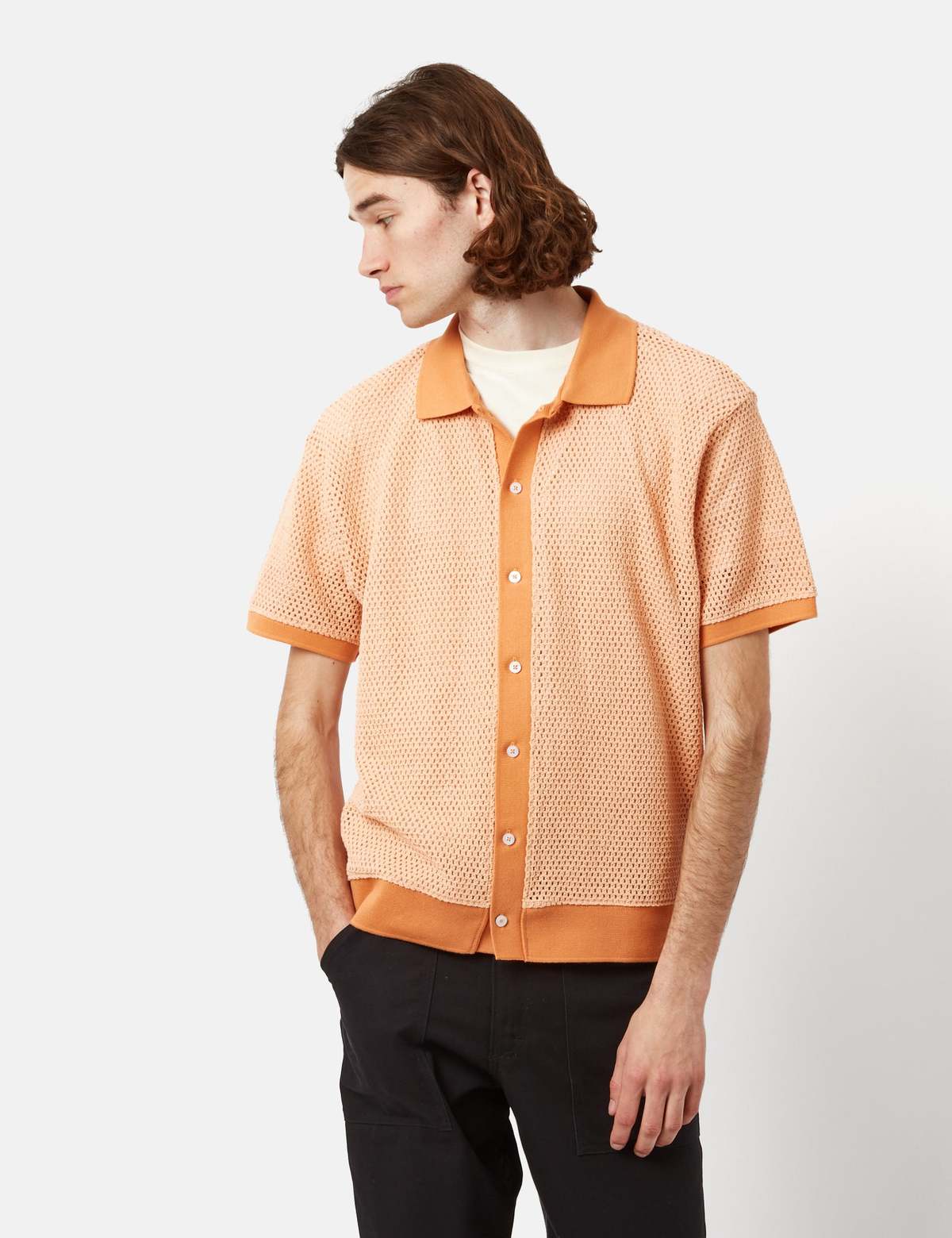 OBEY Grove Button-Up Short Sleeve Polo Shirt - Peach Sand/Yellow ...