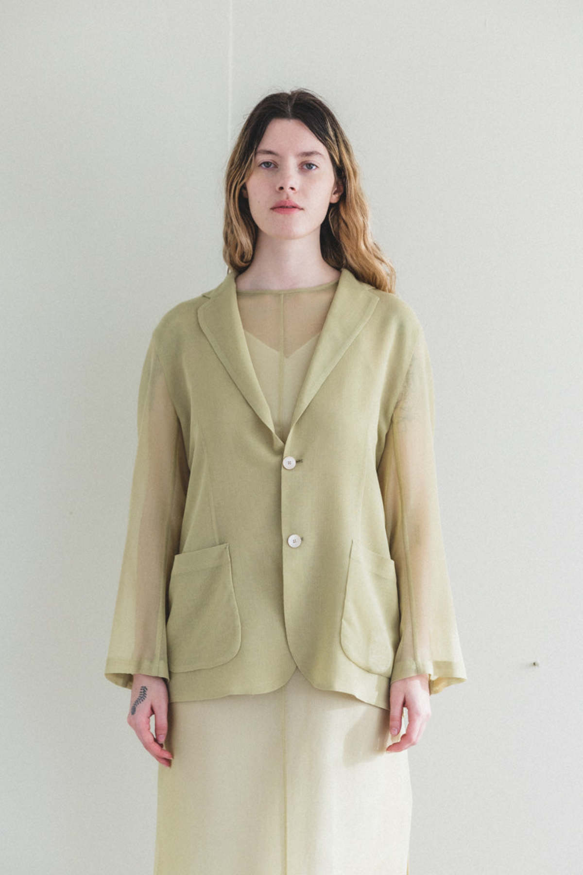 Auralee WOOL RECYCLE POLYESTER LENO SHEER JACKET - YELLOW KHAKI ...