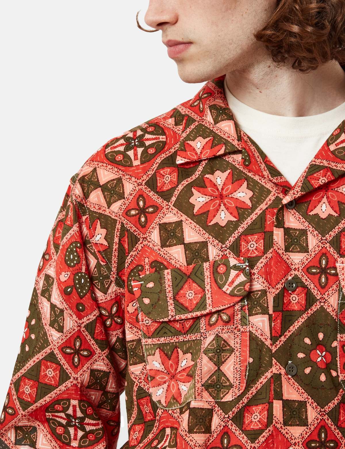 Engineered Garments Classic Ethno Print Shirt - Pink/Olive Green ...