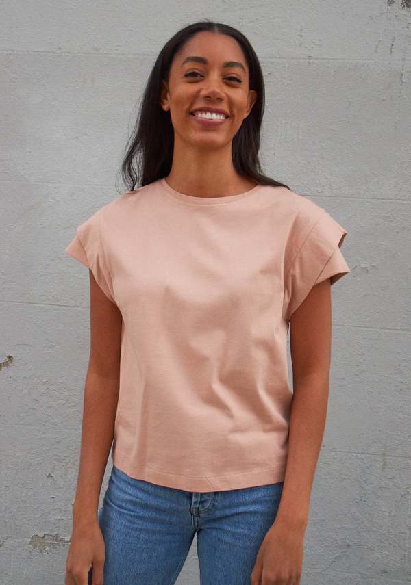 YAYA Cap Sleeve Top with Ribbed Detail - Tan Pink | Garmentory