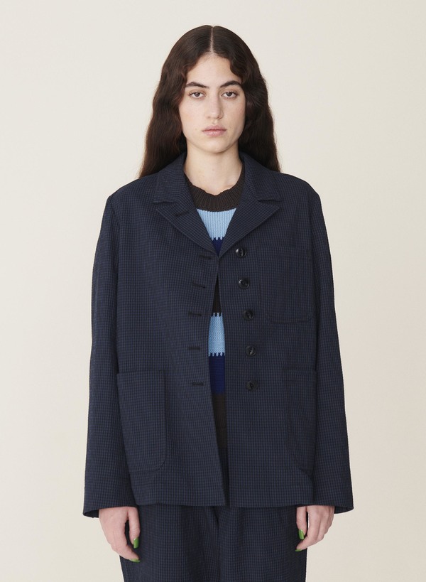 City Crinkle Gingham Check Jacket Navy Black | Garmentory