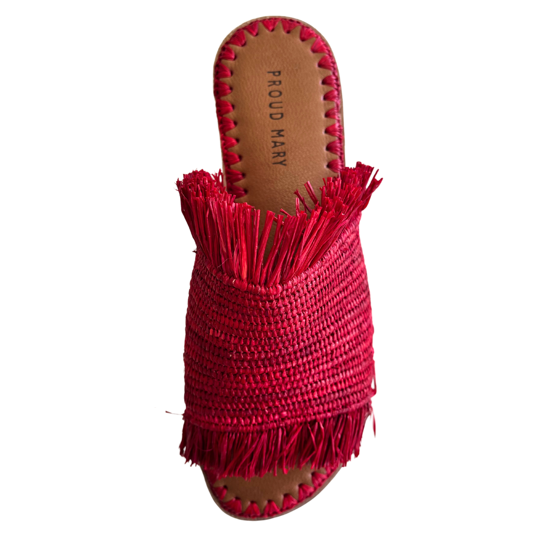 Proud Mary Footwear Raffia Fringe Slide - Red | Garmentory