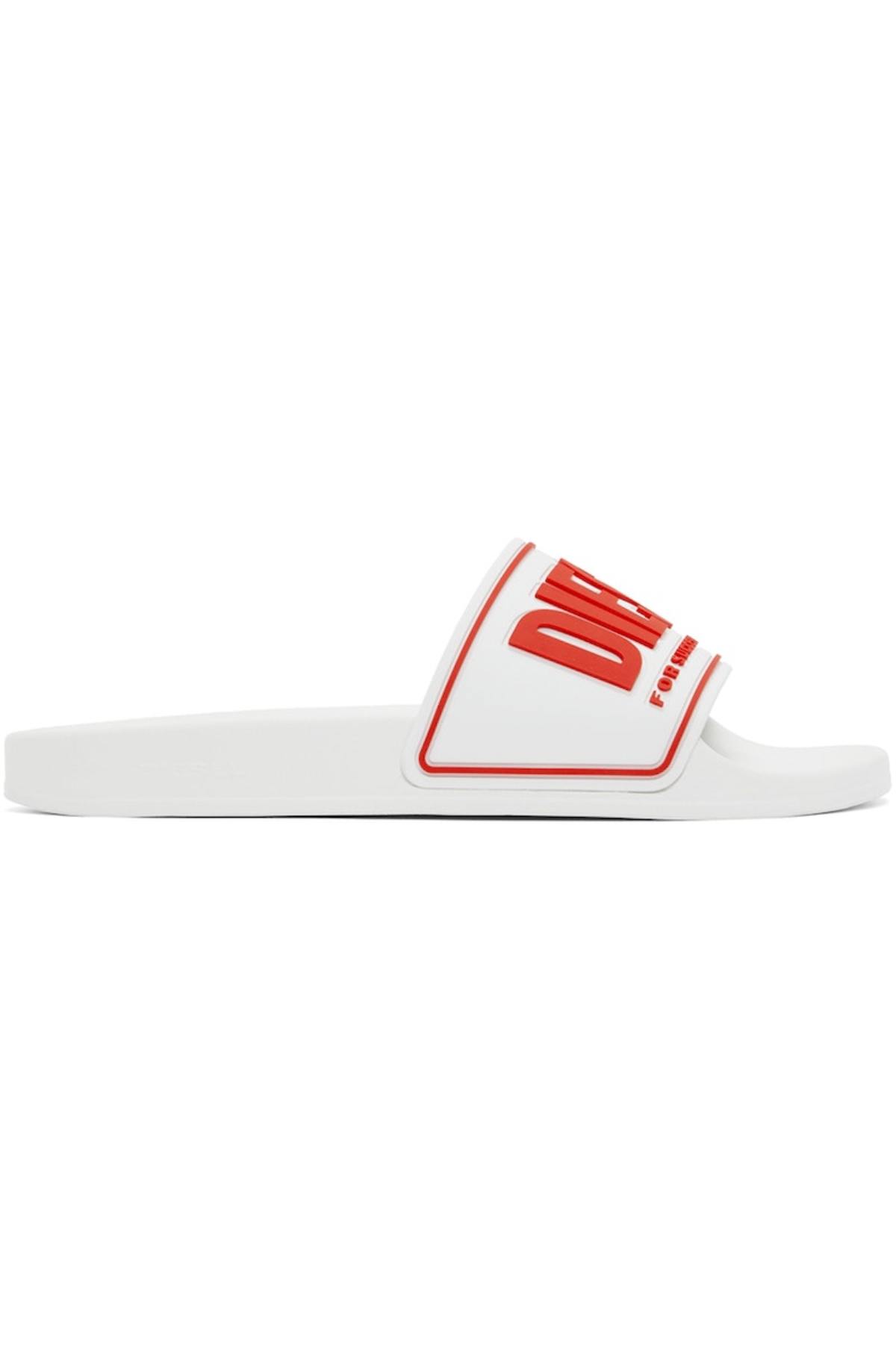 Diesel White & Red Logo Slides | Garmentory