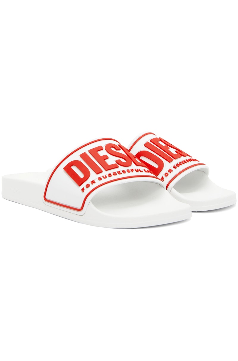 Diesel White & Red Logo Slides | Garmentory