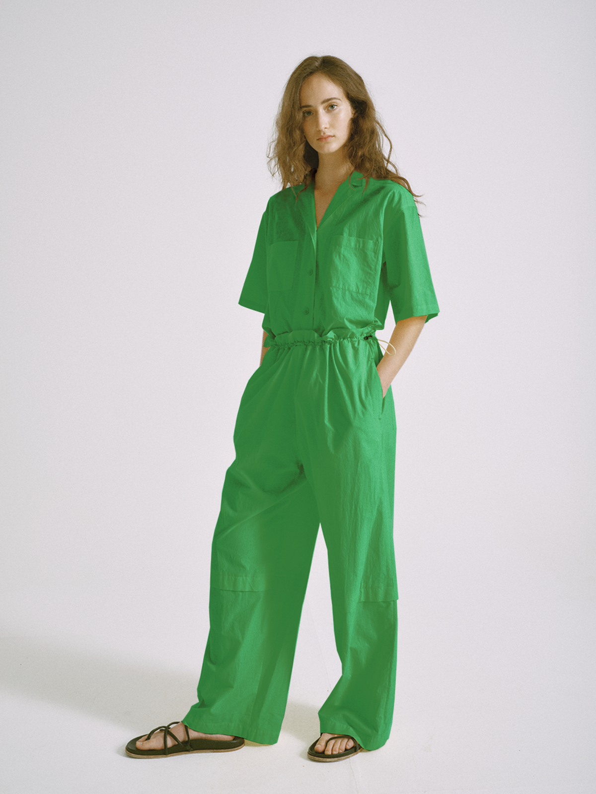 SAYAKA DAVIS NEW YORK Open Collar Jumpsuit - Apple Green | Garmentory