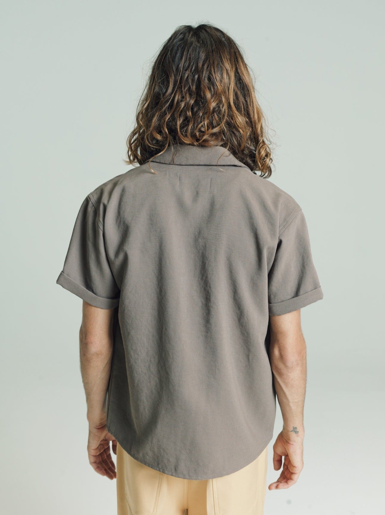SECOND/LAYER Cropped Open Collar Short Sleeve Shirt - Khaki | Garmentory