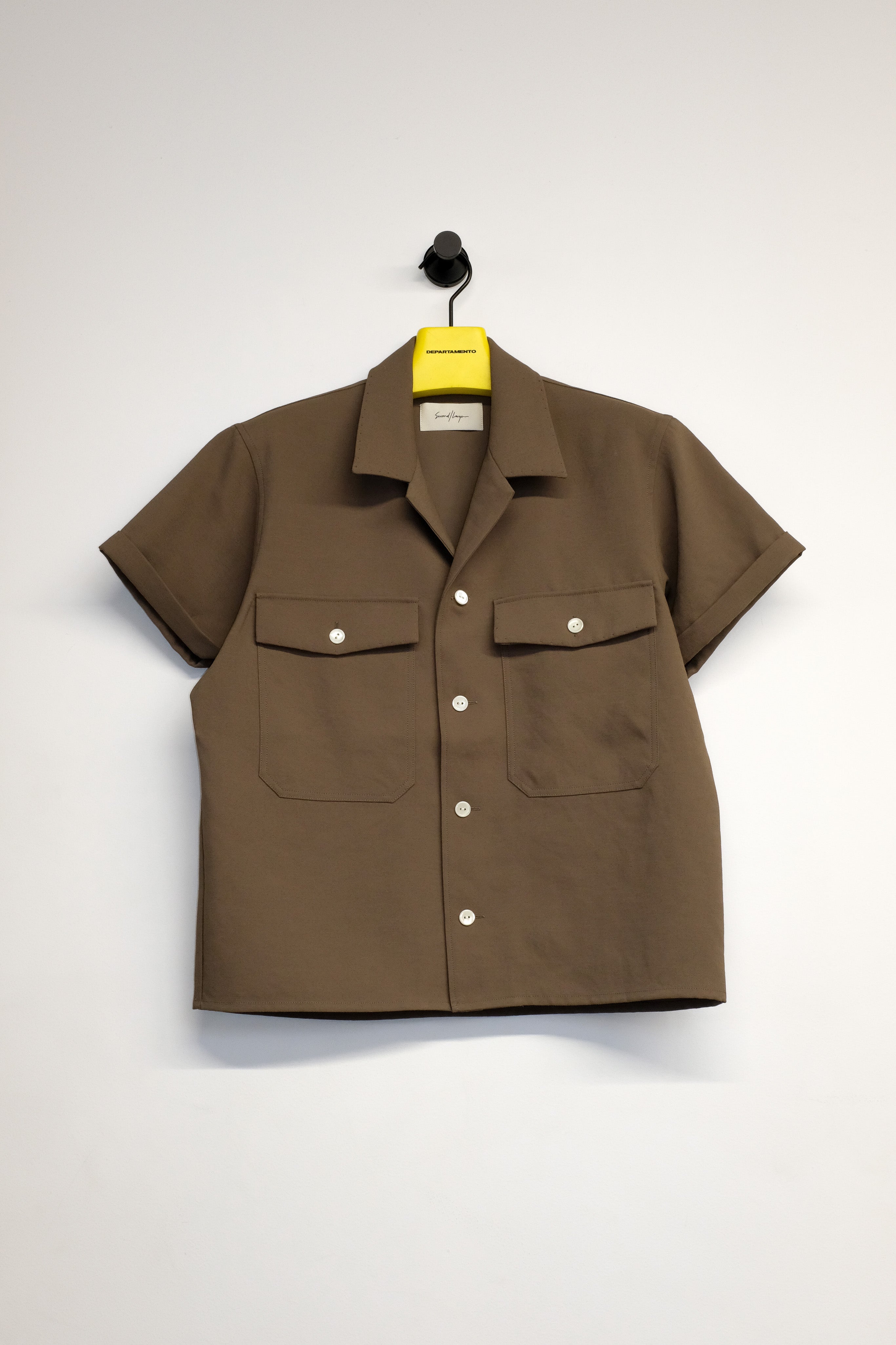 SECOND/LAYER Cropped Open Collar Short Sleeve Shirt - Khaki | Garmentory