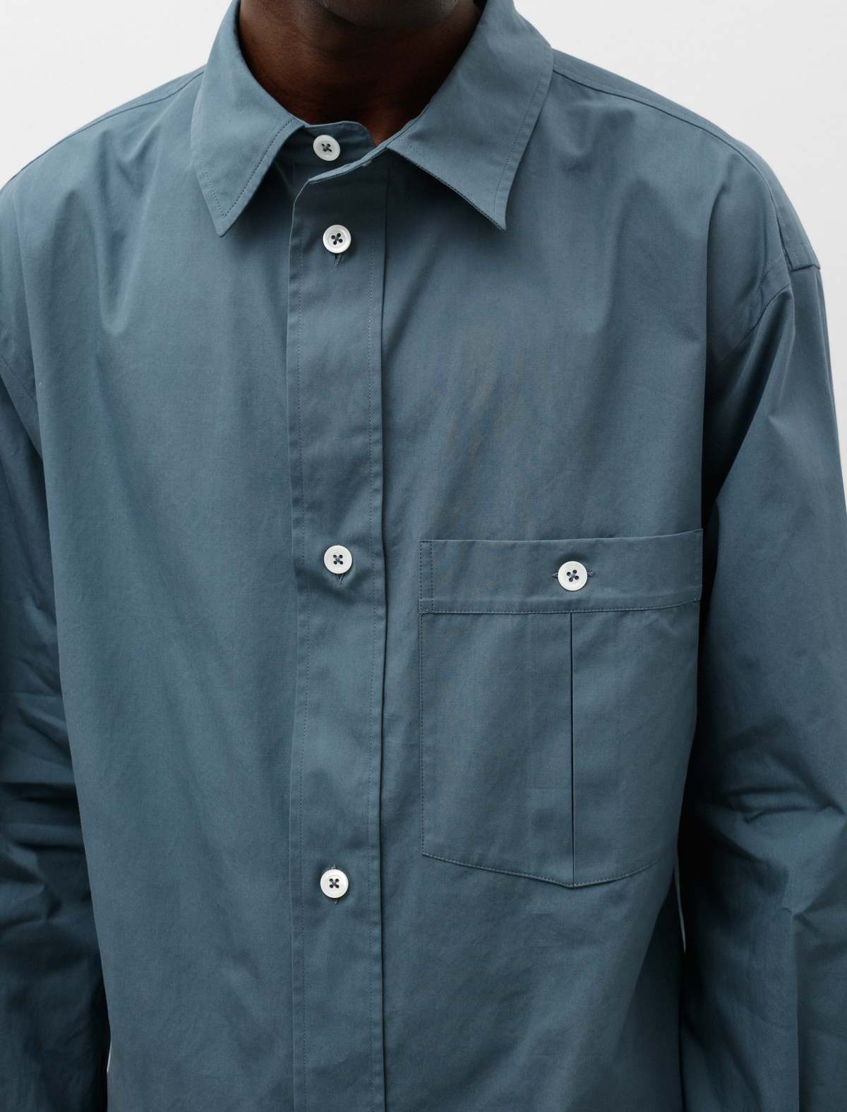 Margaret Howell Inverted Pocket Tumbled Cotton Shirt - Teal | Garmentory