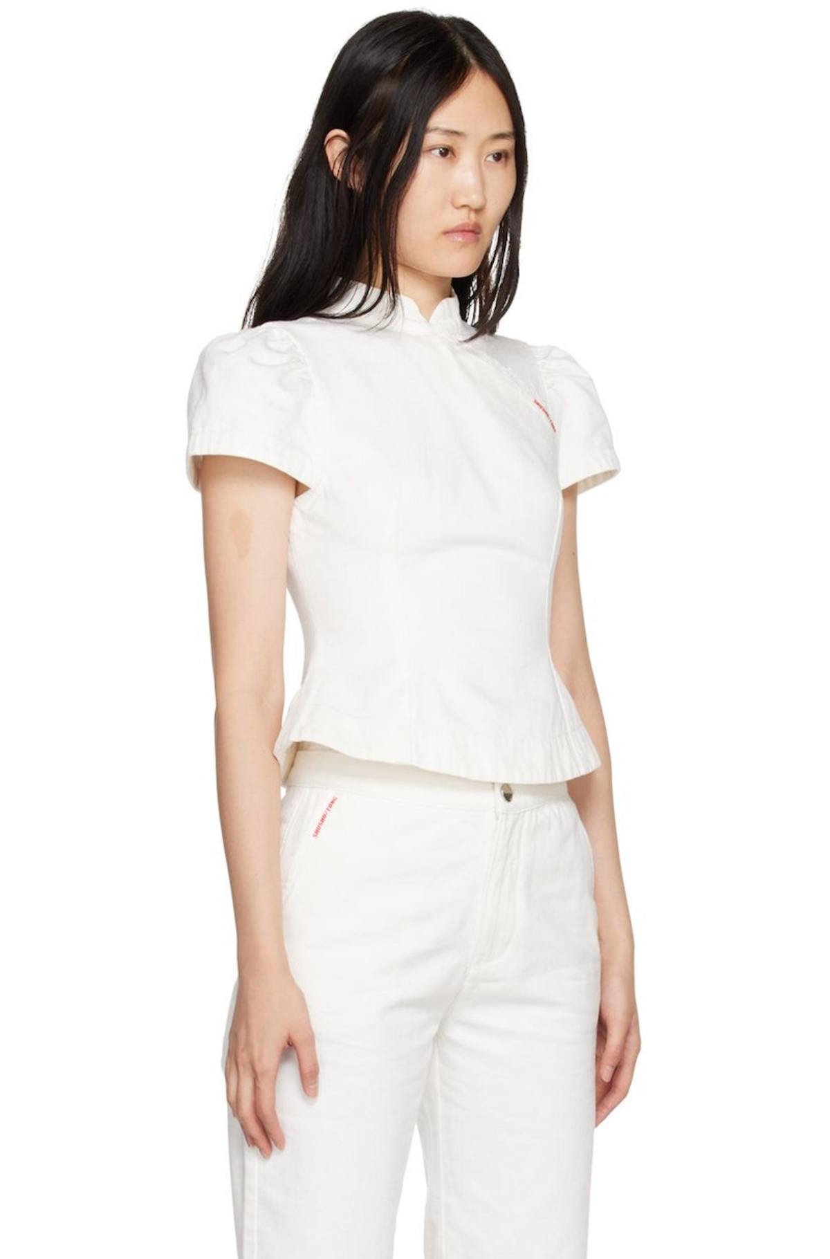Shushu/Tong SSENSE Exclusive Band Collar Denim Blouse - White | Garmentory