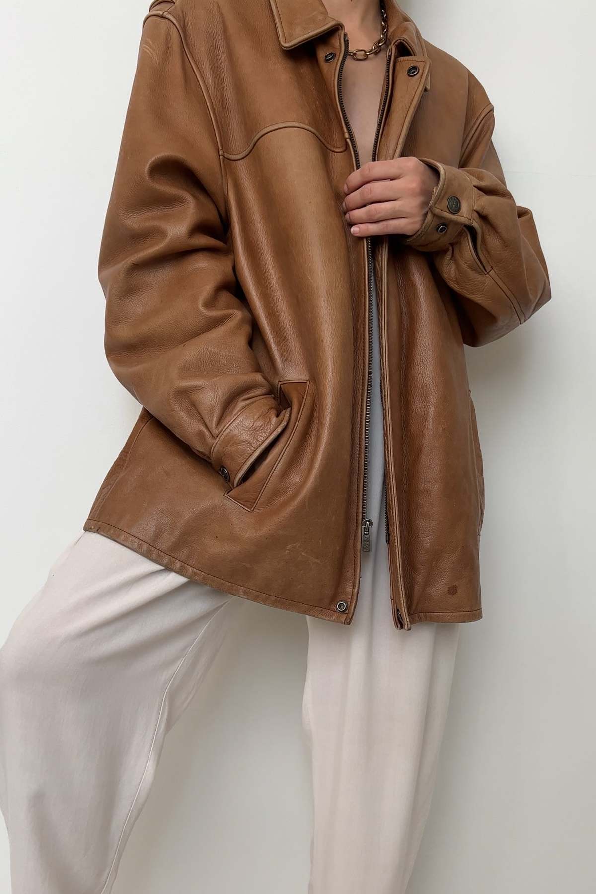 Vintage Leather Zip Up Jacket - Caramel | Garmentory