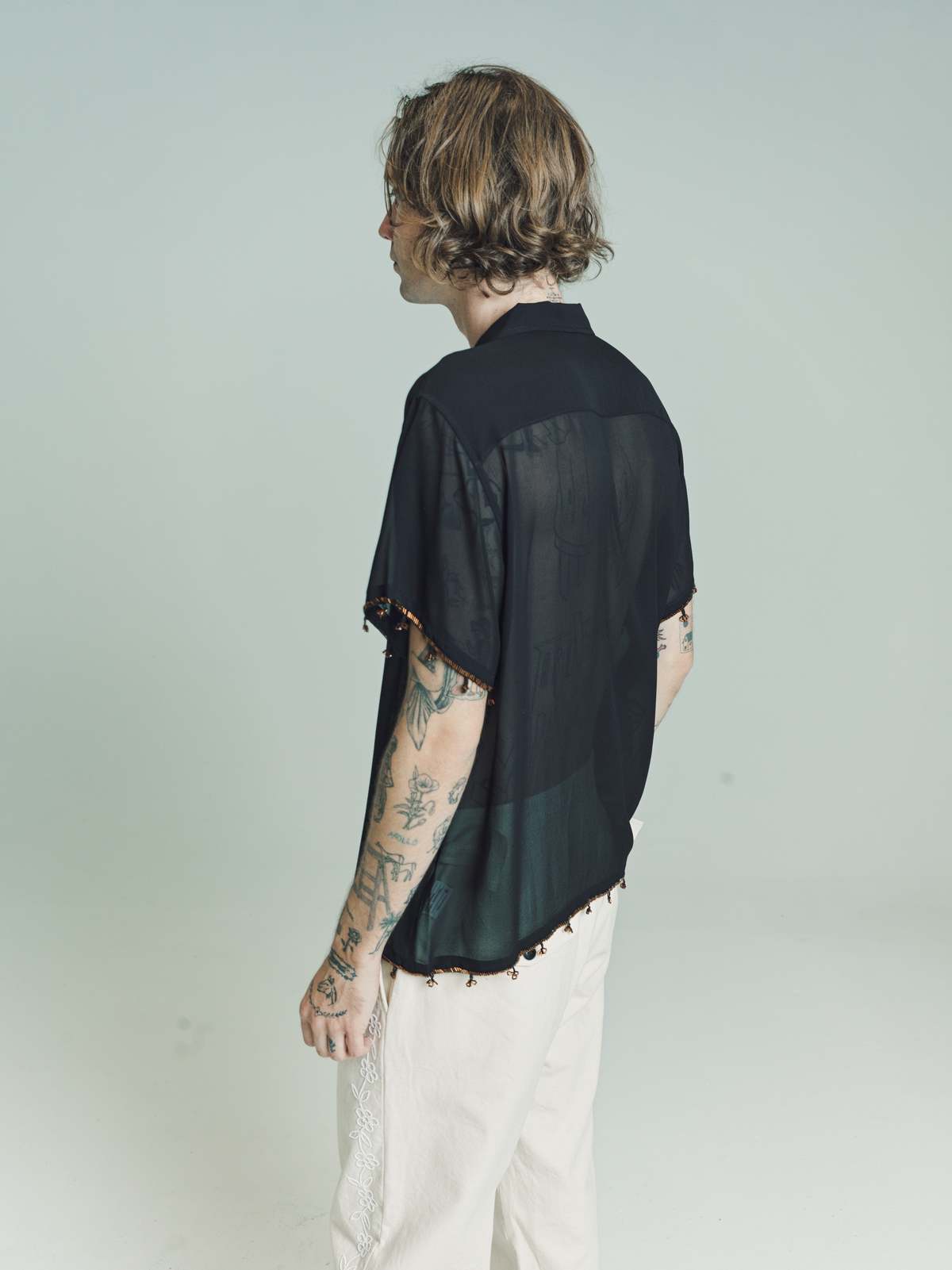 BODE Amber Bugle Bead Trim Short Sleeve Shirt - Black | Garmentory