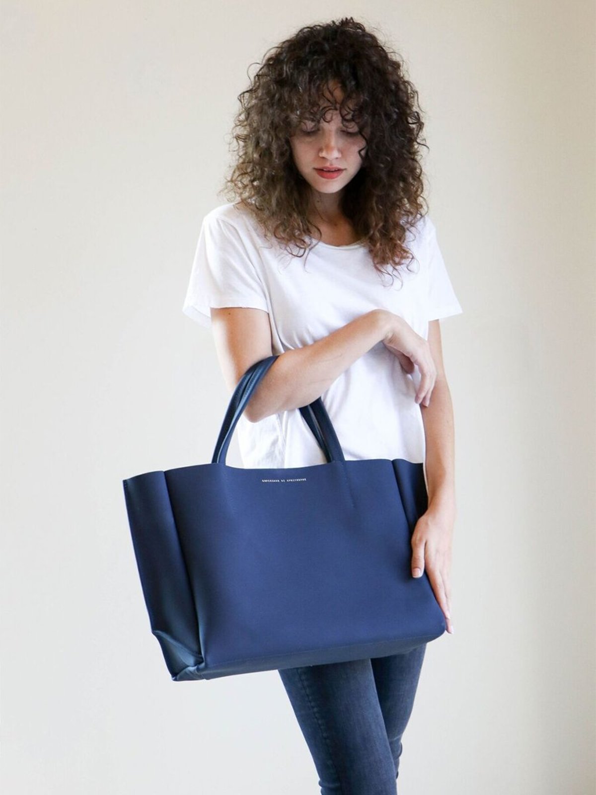 Ampersand as Apostrophe Stiff Sideways Tote in Matte Navy | Garmentory