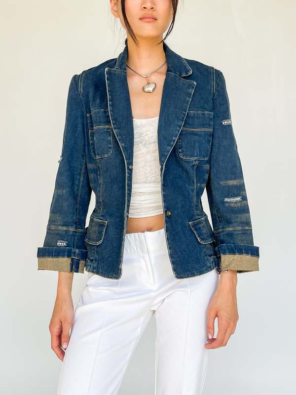 Rhinestone Distressed Denim Cargo Jacket | Garmentory