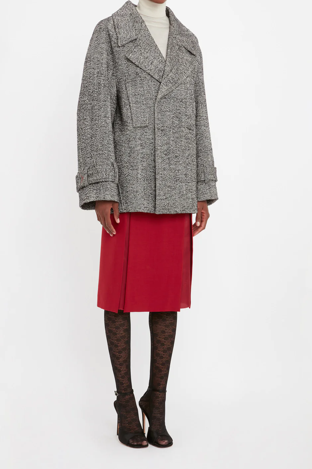 Victoria Beckham Herringbone Tweed Oversized Peacoat Blackwhite