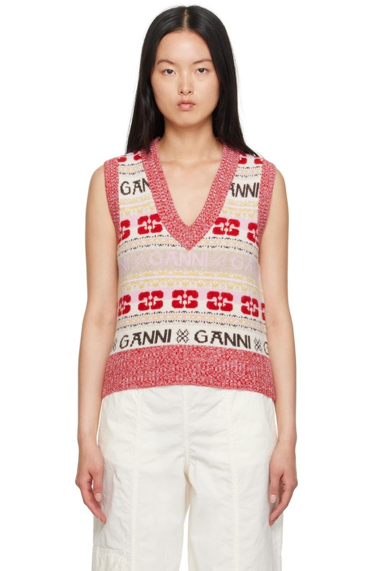 GANNI Jacquard Vest - Red Multicolour | Garmentory
