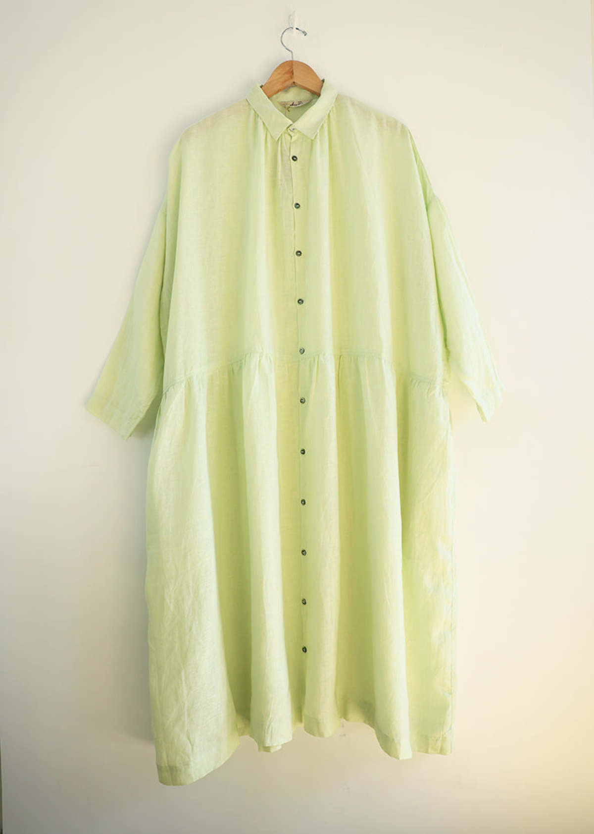 Ichi Antiquites Color Linen Shirt Dress - Light Green | Garmentory