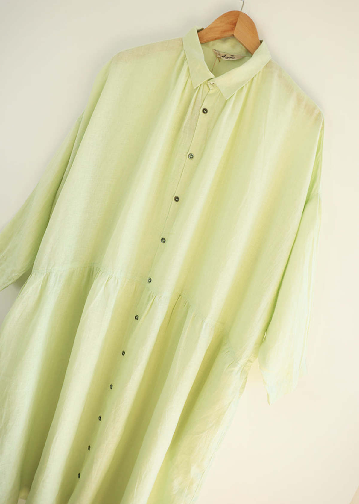 Ichi Antiquites Color Linen Shirt Dress - Light Green | Garmentory
