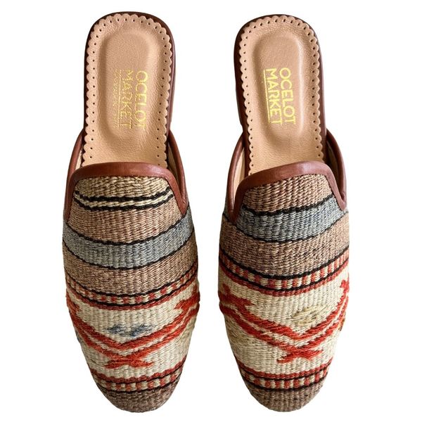 Ocelot Market Turkish Kilim Mules - Tan Stripes & Pattern | Garmentory