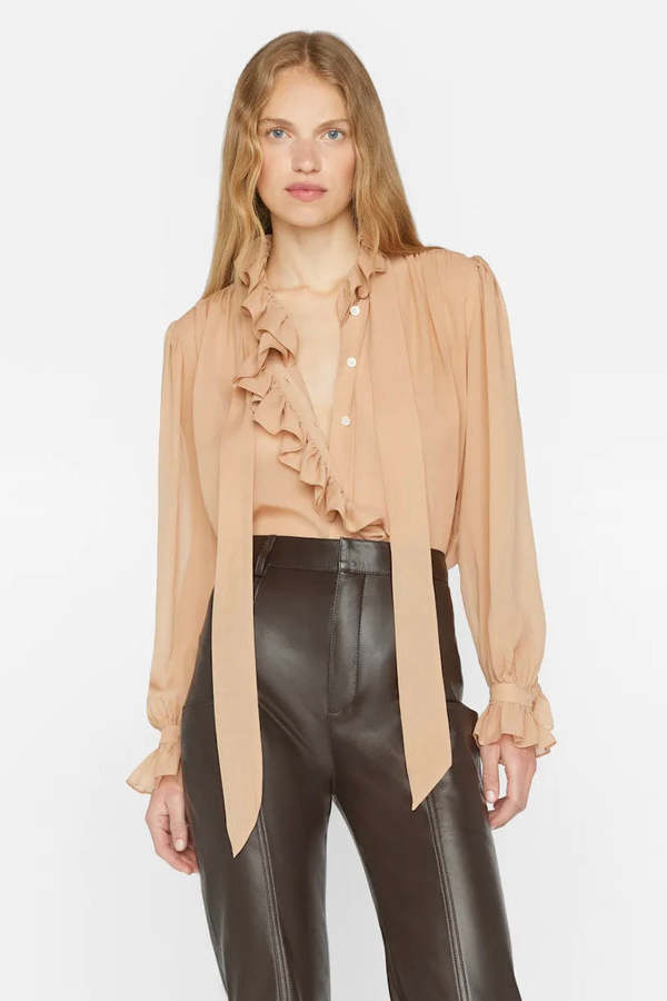 FRAME Denim Ruffle Front Button Up Shirt - Blush | Garmentory