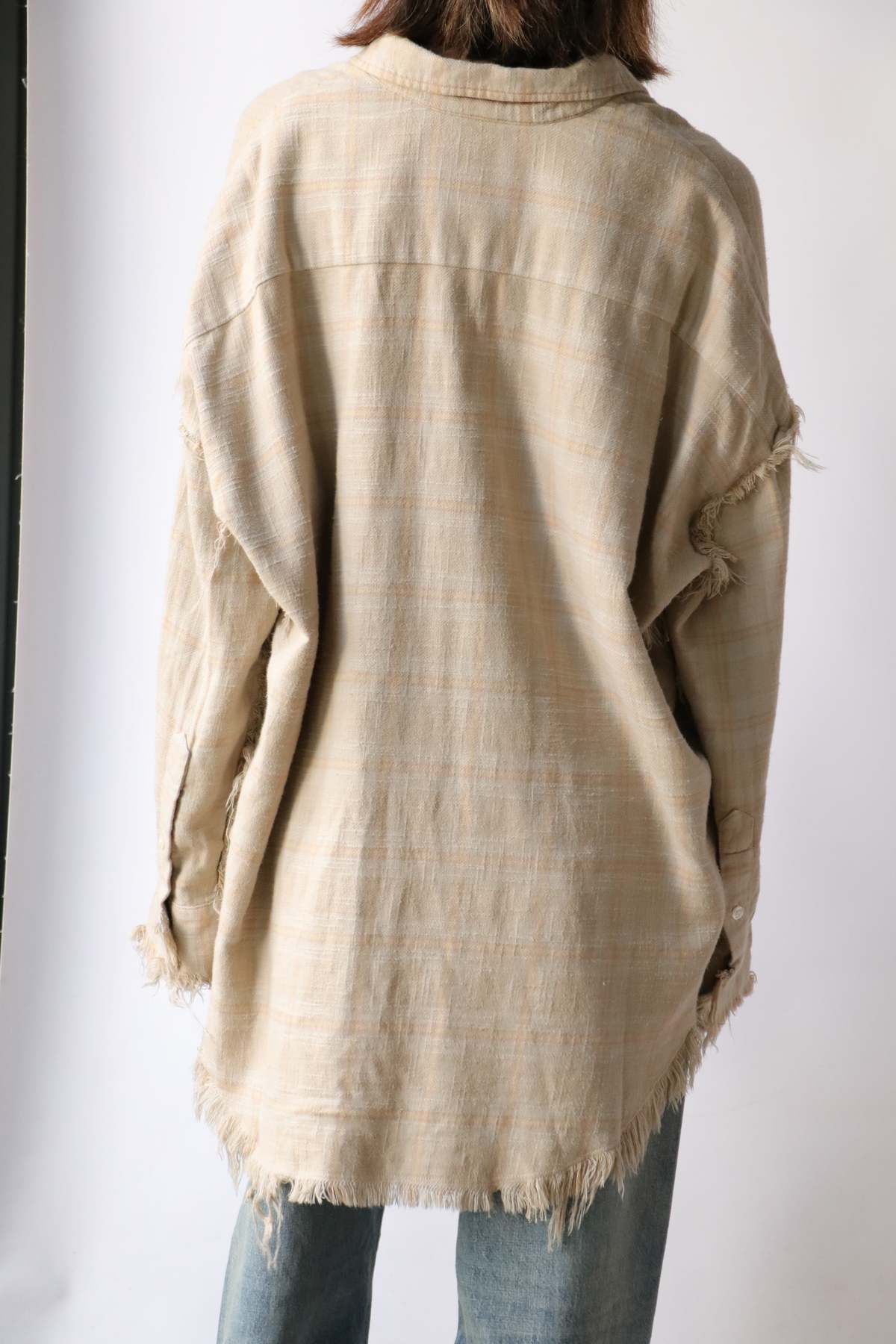 R13 Shredded Seam Drop Neck Shirt - Khaki Over-dyed Plaid | Garmentory